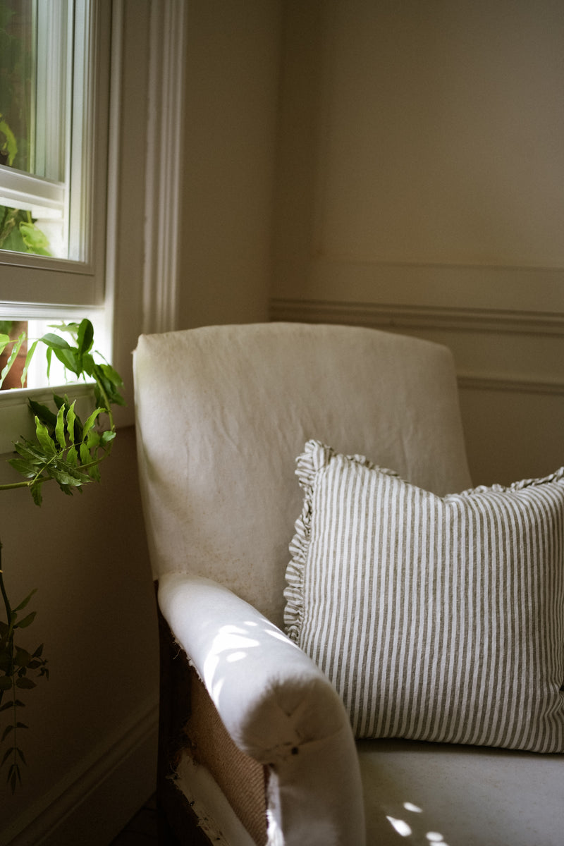 The Provence Ticking Stripe Washed Linen Cushion Olive 40x40cm – Morgan ...